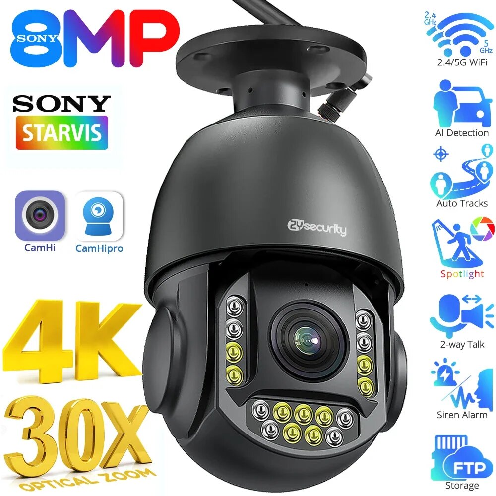 IP-камера наблюдения PTZ с 4K и 30-кратным зумом для улицы с Wi-Fi, 8 МП, цветное ночное видение, инфракрасный диапазон 100 м, трекинг человека, быстродвижущаяся куполообразная камера видеонаблюдения CCTV