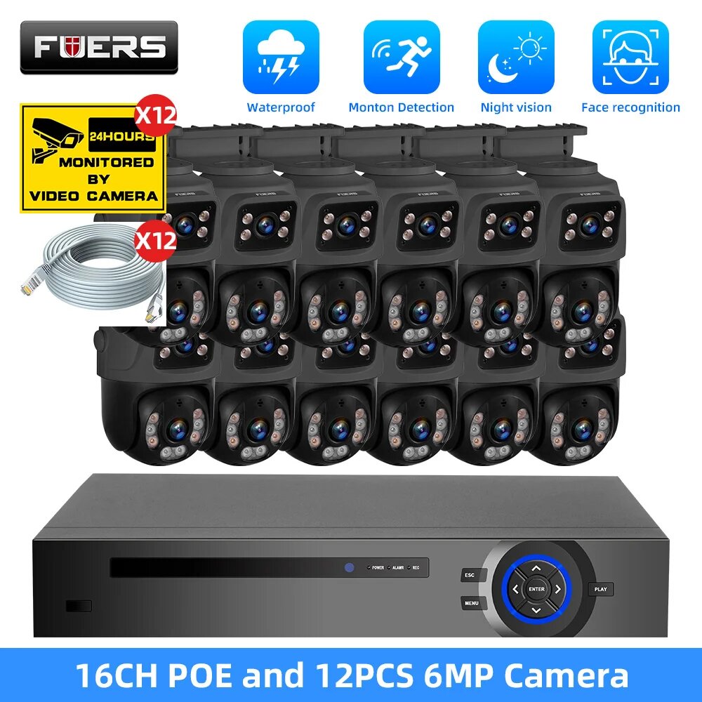 Система видеонаблюдения FUERS 16CH Poe 6MP Камера набора камер безопасности Камера PTZ Камера для улицы Двунаправленный аудио Полноцветная ночь
