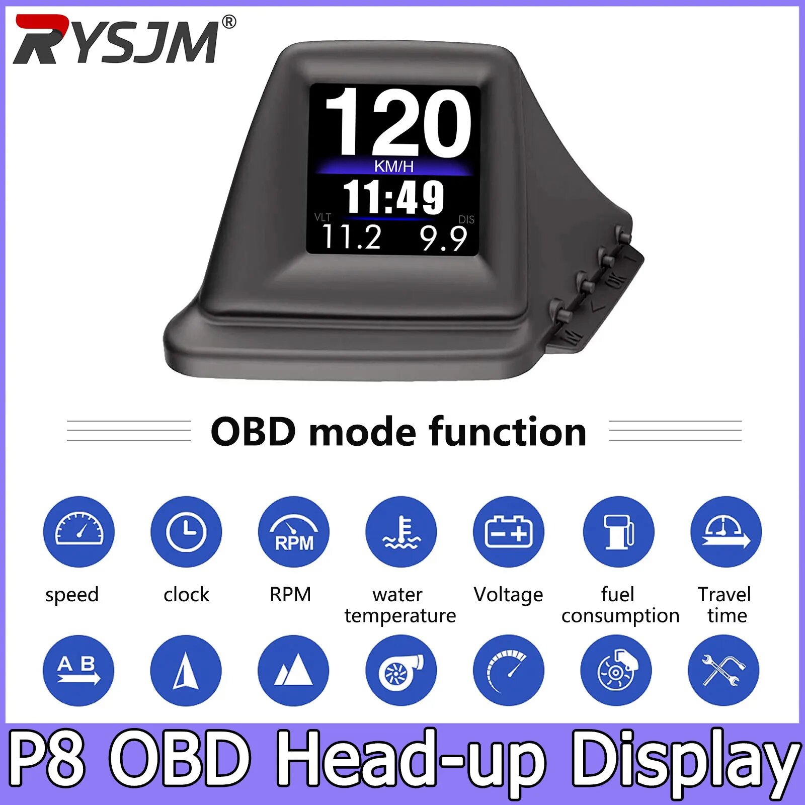 OBD2 HUD P8 Автомобильный Спидометр С Отображением Давления Наддува, Температуры Воды, Расхода Топлива, Умный Бортовой Компьютер