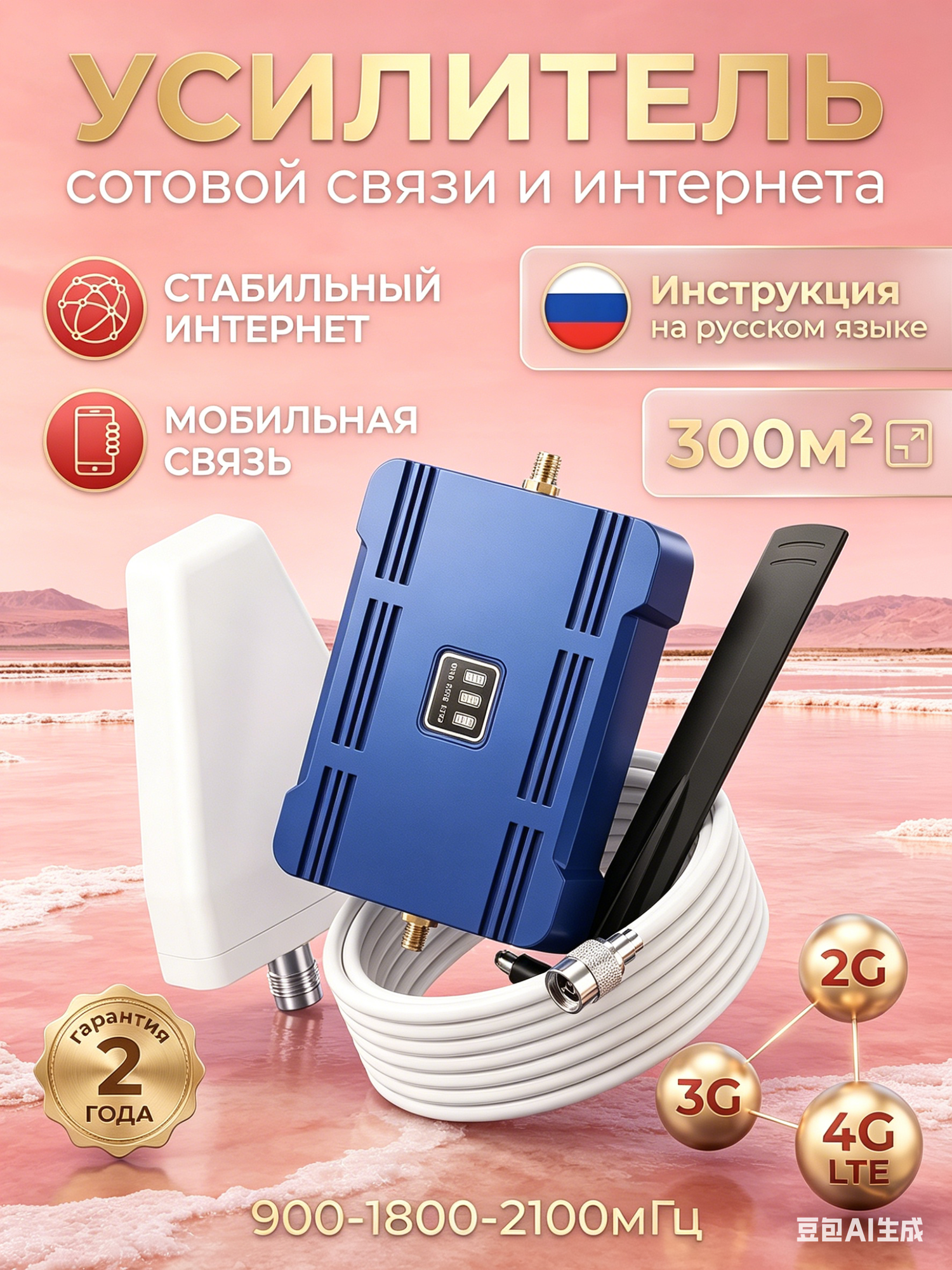 Усилитель сотовой связи 900/1800/2100 МГц (2G/3G/4G): до 70 км, направленный, синий, 1.3 кг