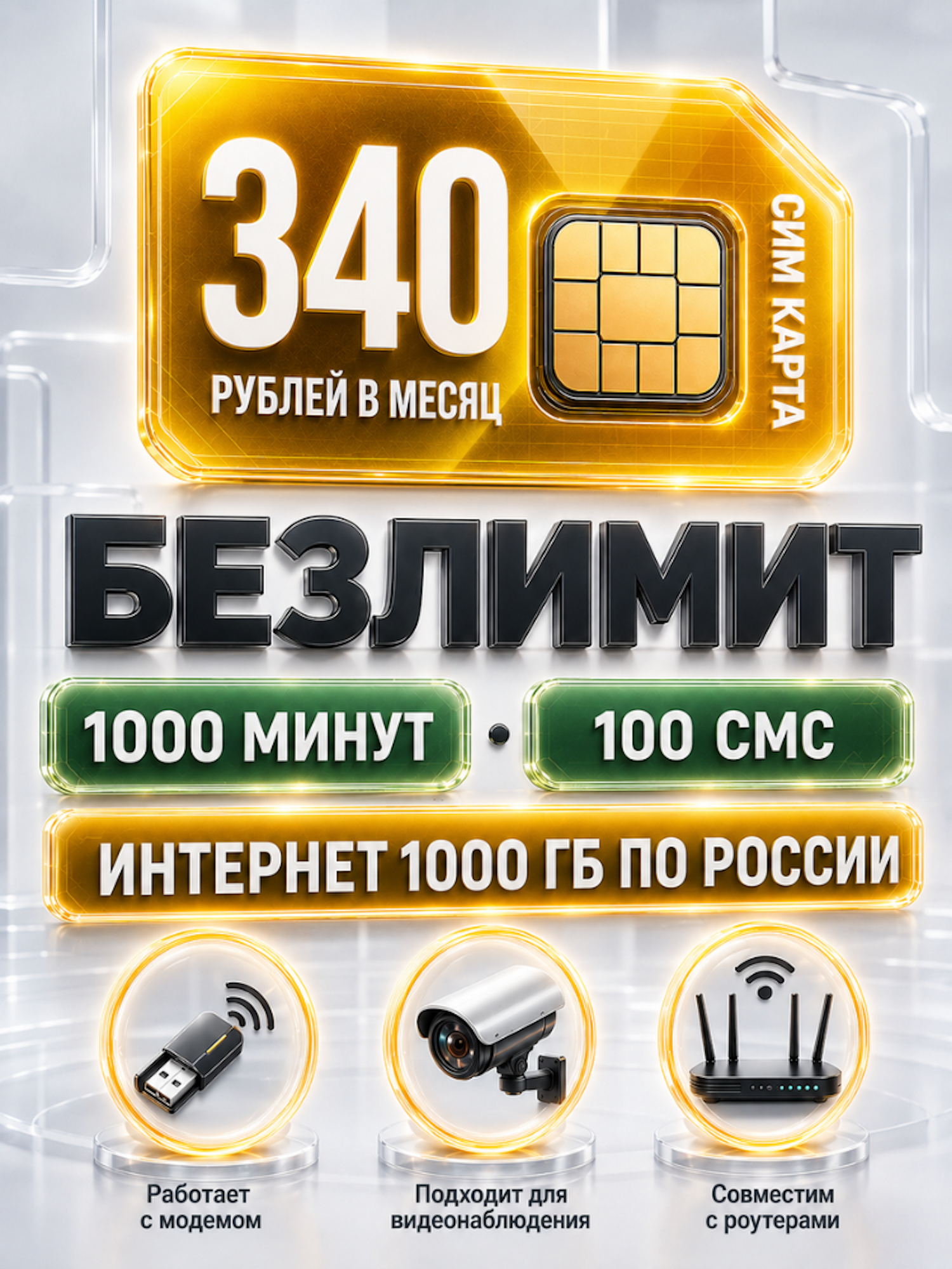 Сим карта Безлимитный интернет по РФ 340 рублей в месяц для мобильных модемов и роутеров 4G LTE YBLV2