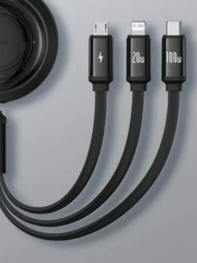 Выдвижной кабель для быстрой зарядки Baseus 3 в 1 stretch all you want 1,1 метр/ Type-C to Type-c, lighting, micro usb черный