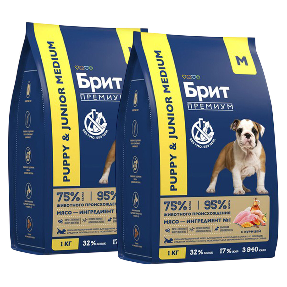 BRIT PREMIUM DOG PUPPY & JUNIOR MEDIUM для щенков и молодых собак средних пород с курицей (1 + 1 кг)
