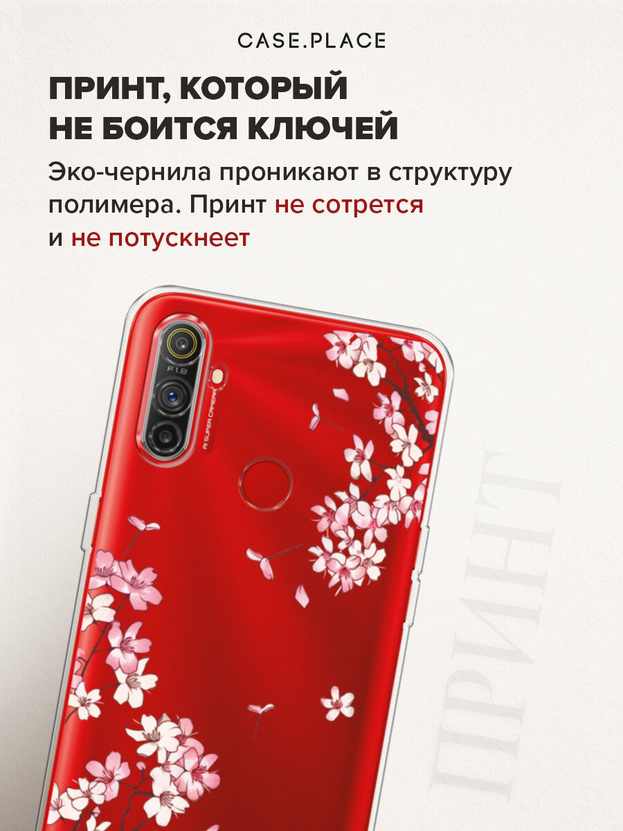 Чехол на Realme C3 / Реалми C3 с принтом "Ветви сакуры 1", прозрачный — фото 1