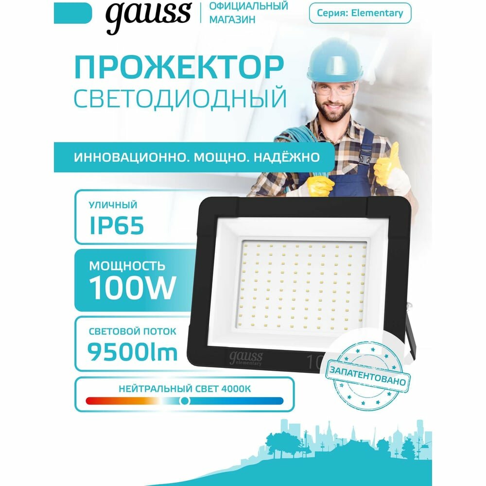 Светодиодный прожектор Gauss Elementary 100W 8995lm IP65 4000К черный 613100110