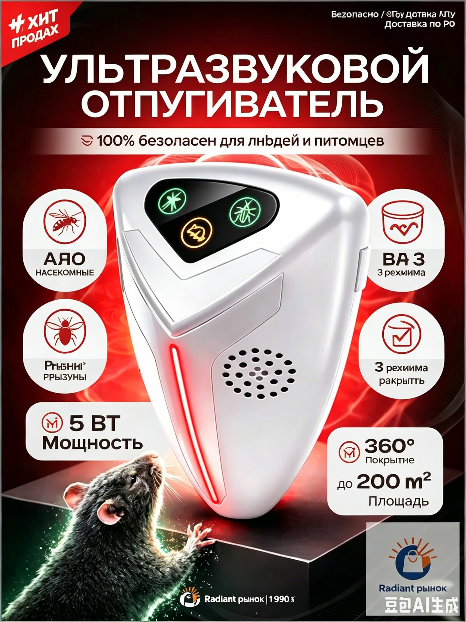 Отпугиватель мышей и крыс ультразвуковой на 200м для дома, мощный