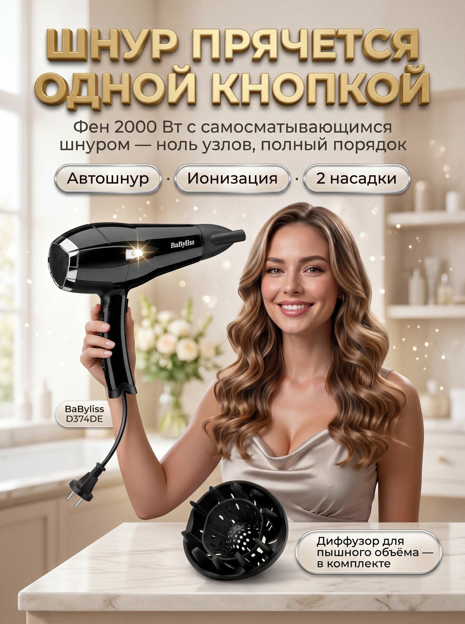 Фен для укладки волос BaByliss D374DE Cordkeeper ионизация