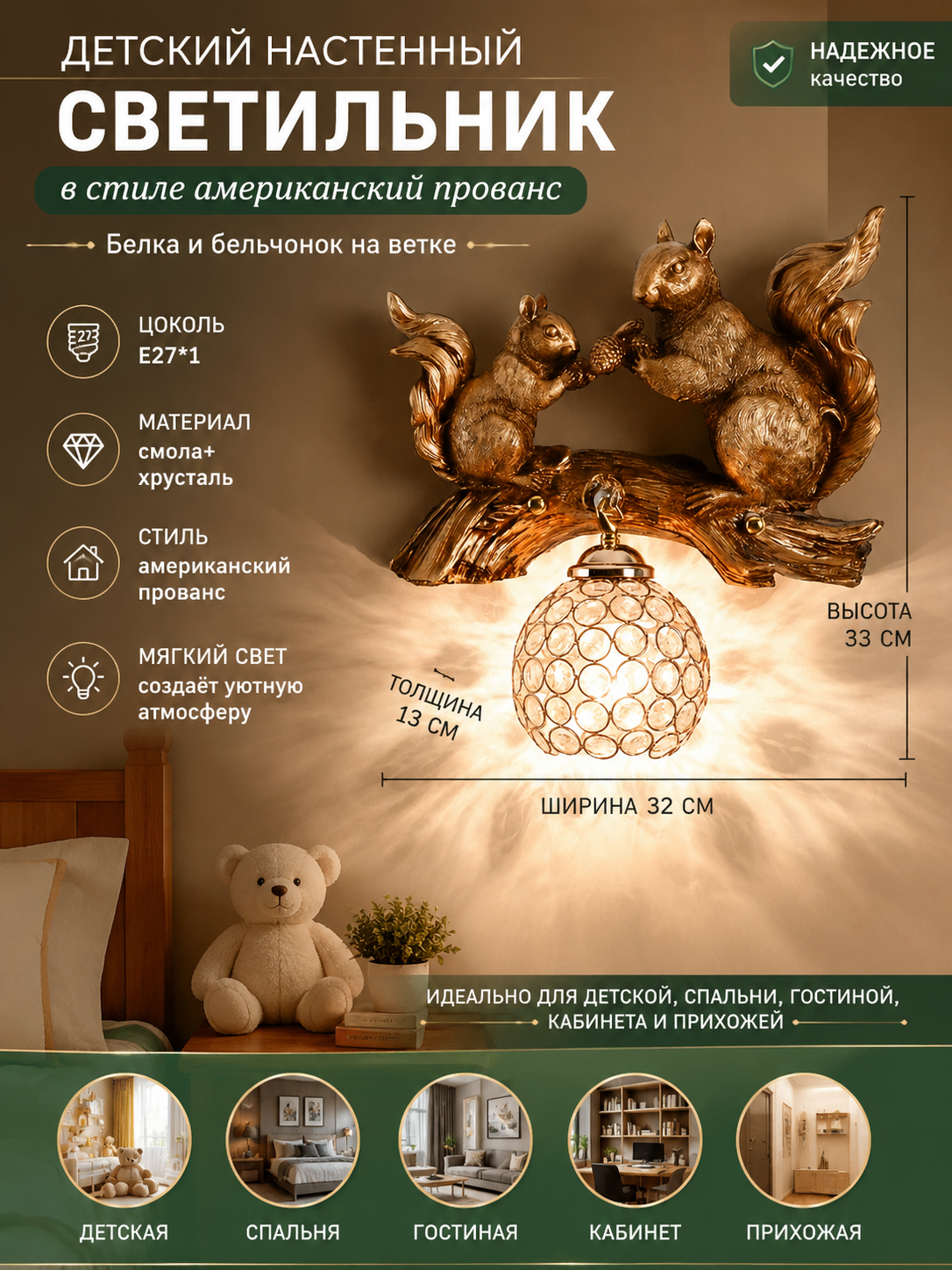 Огромный настенный светильник бра Белка (размер XL), сказочный интерьерный свет для детской спальни и коридора