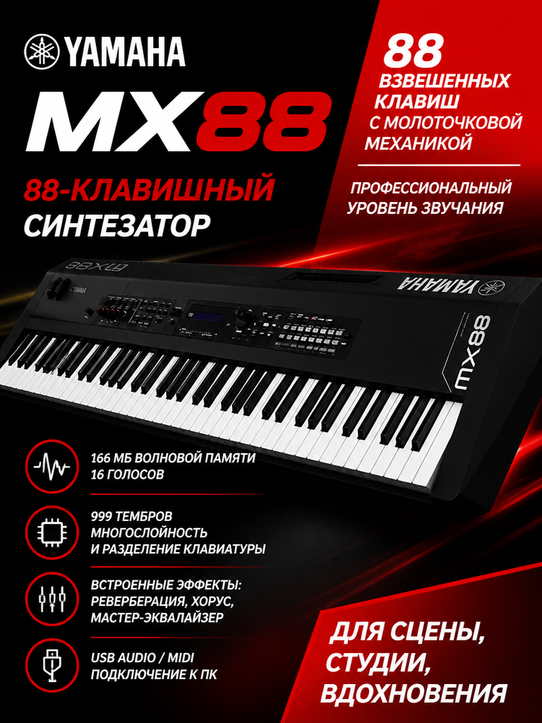 Синтезатор Yamaha MX88, молоточковая механика, 128 полифония, 88 клавишь, арпеджиатор
