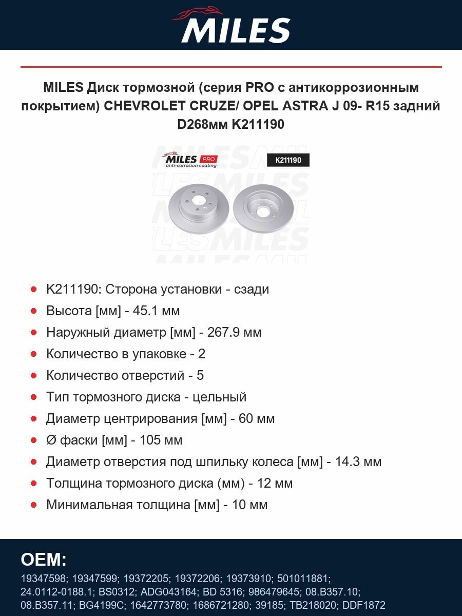 MILES Диск тормозной (серия PRO с антикоррозионным покрытием) CHEVROLET CRUZE/ OPEL ASTRA J 09- R15 задний D268мм K211190