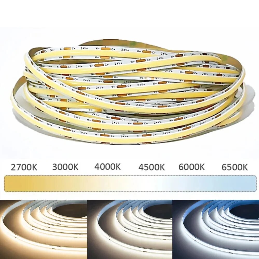 Светодиодная лента COB, 480 светодиодов/м, 10 м, тёплый/нейтральный/белый свет, 24В 10 м