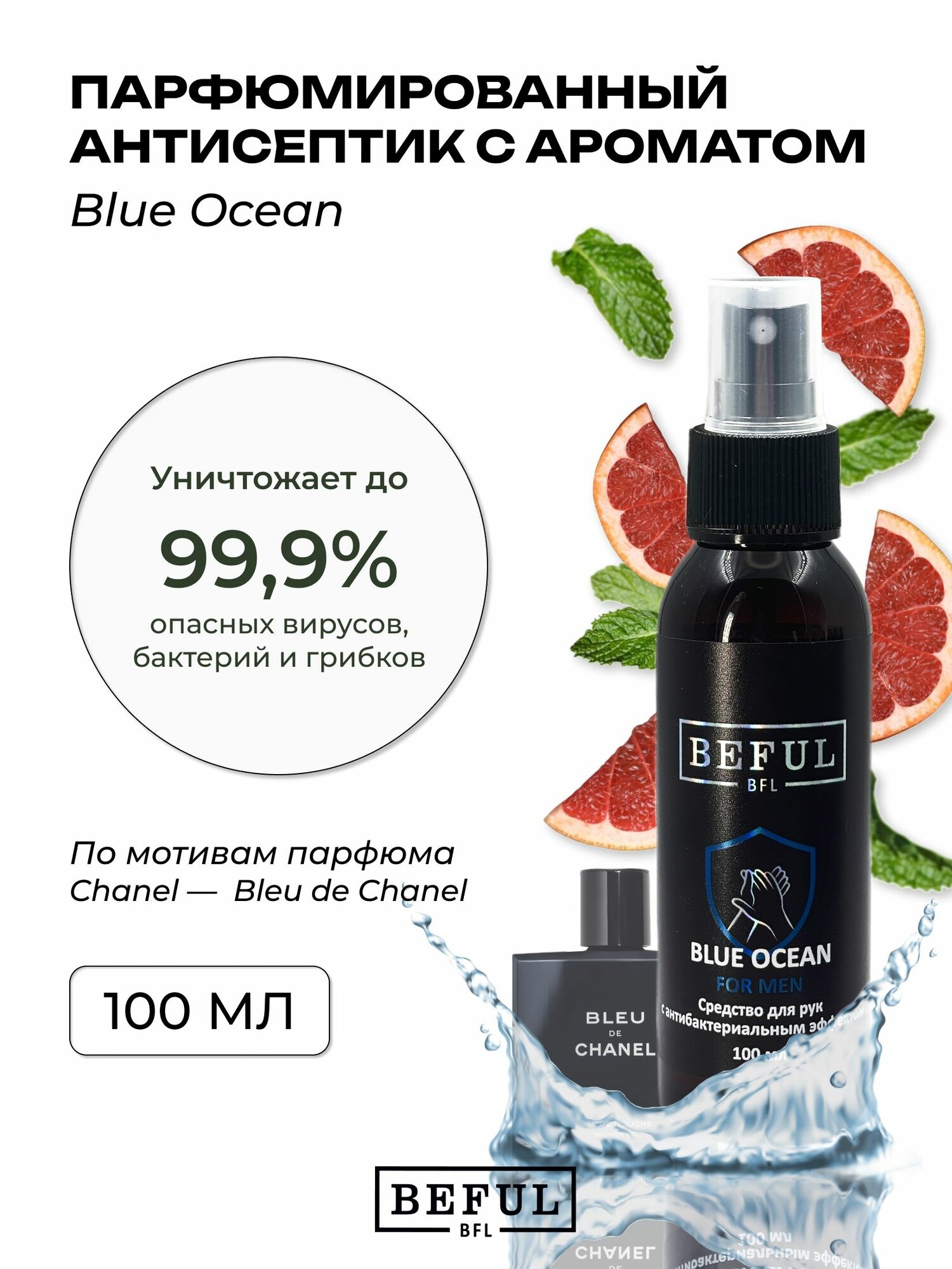 Мужской антисептик парфюмированный для рук и поверхностей BLUE OCEAN, 100 мл