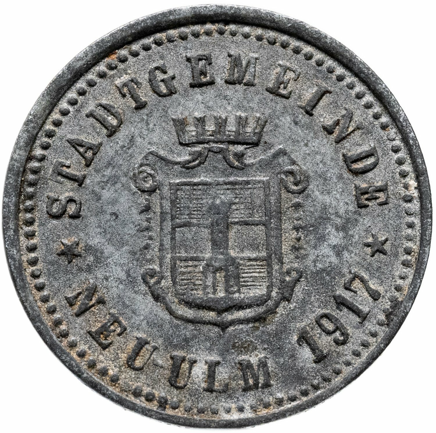Германия "Ной-Ульм" 10 пфеннигов 1917 нотгельд, Цинк, в сохранности XF