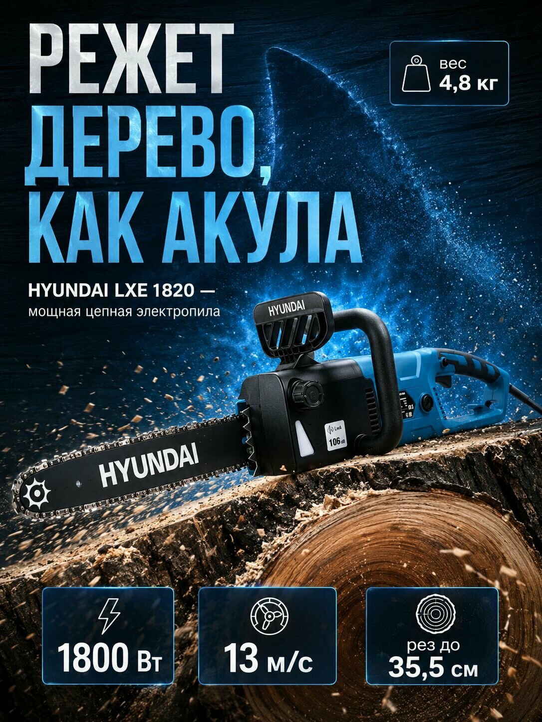 HYUNDAI Электропила цепная LXE 1820, электрическая сетевая 1800Вт, Вес 4,8 кг