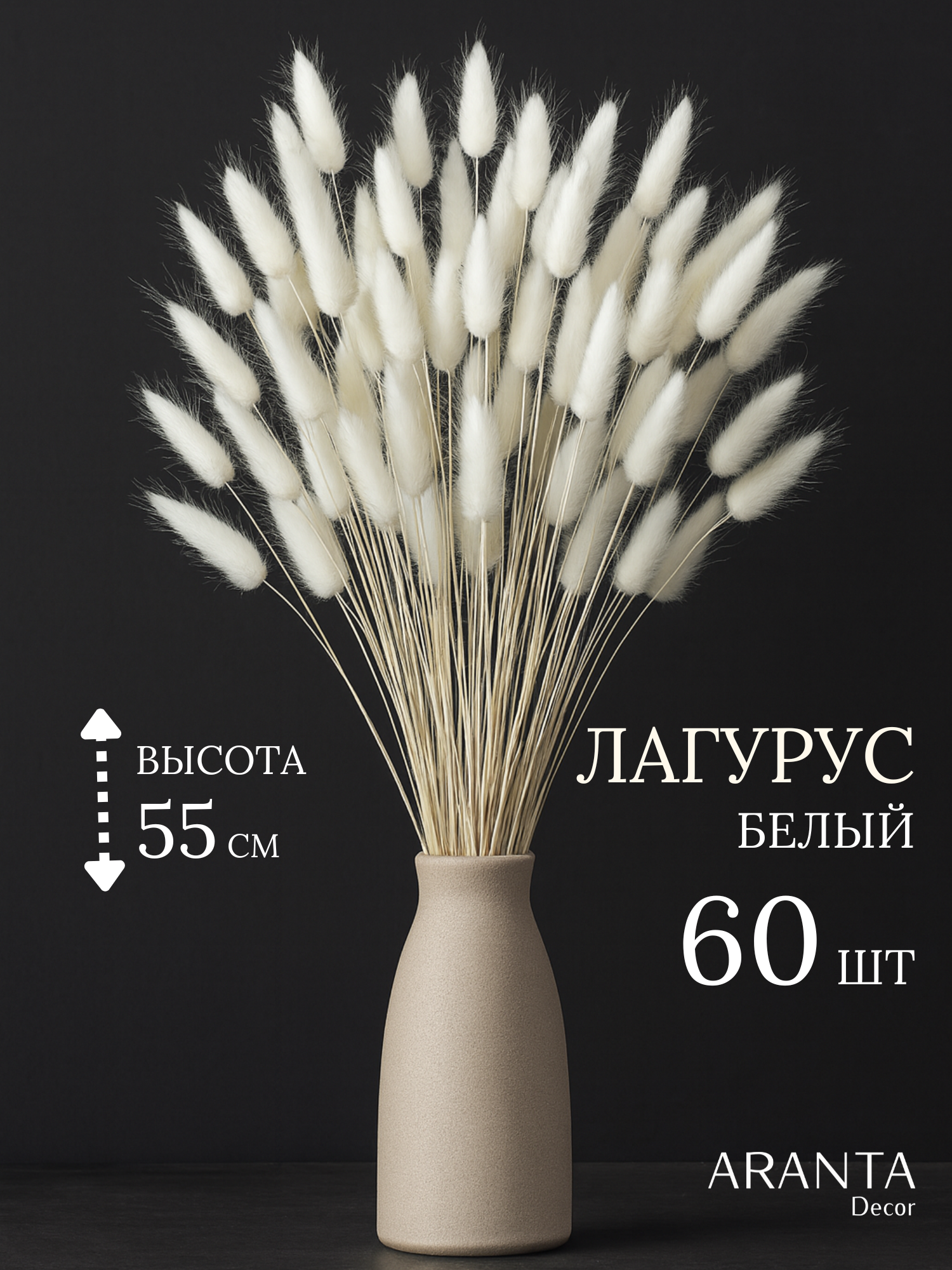 Лагурус сухоцвет белый 60шт, Сухоцветы для декора ARANTA, Букет сухоцветов 55 см