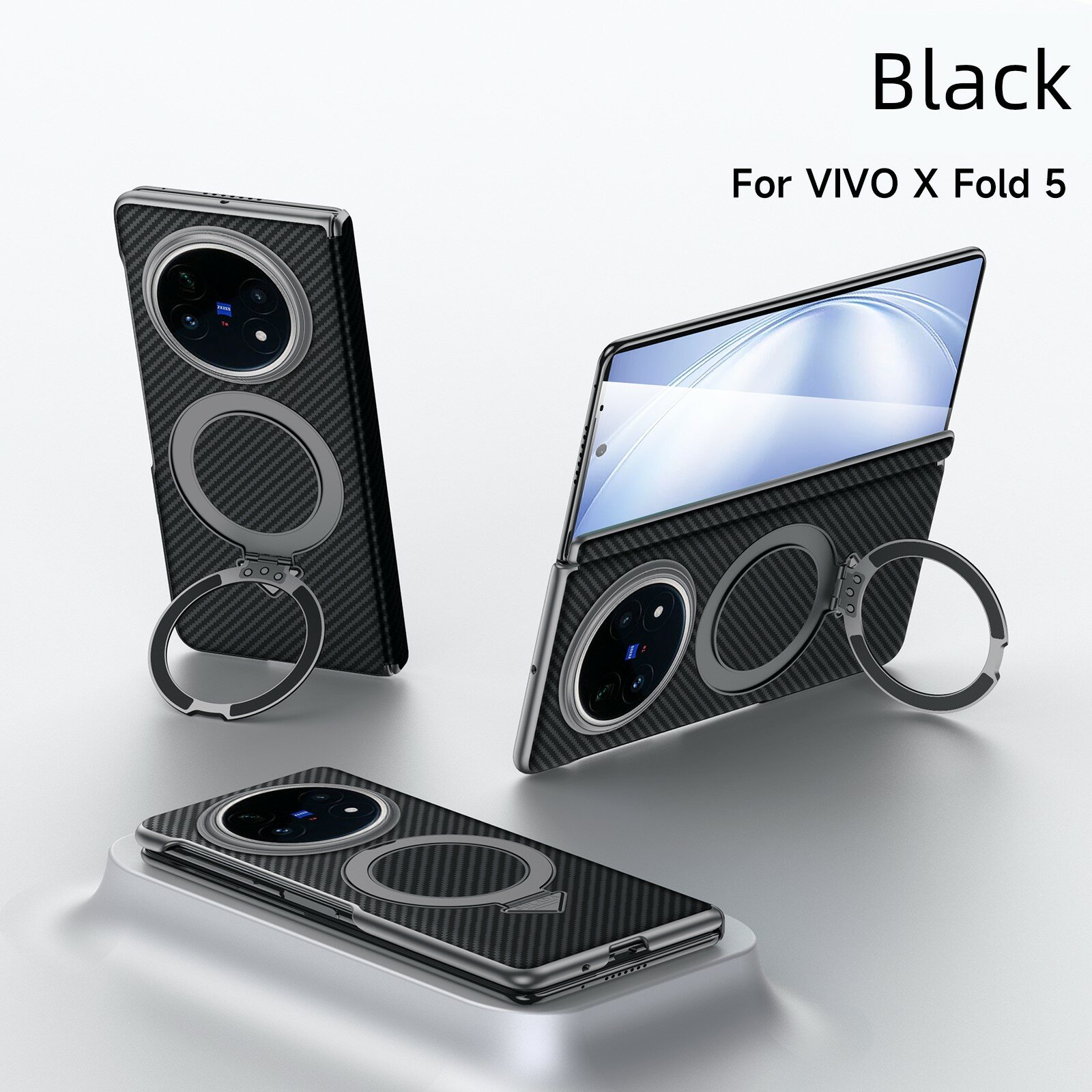 Чехол из кевлара 600D с магнитной подставкой и кольцом для Vivo X Fold 5, ударопрочный, полная защита - Черный