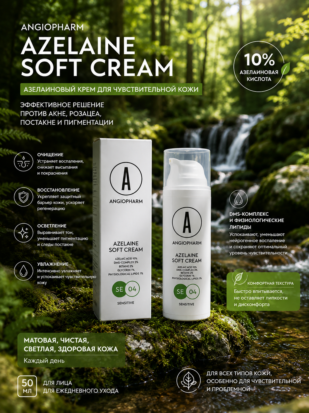 Ангиофарм Azelaine Soft Cream крем с азелаиновой кислотой 10% 50 мл от акне, постакне, розацеа, пигментации