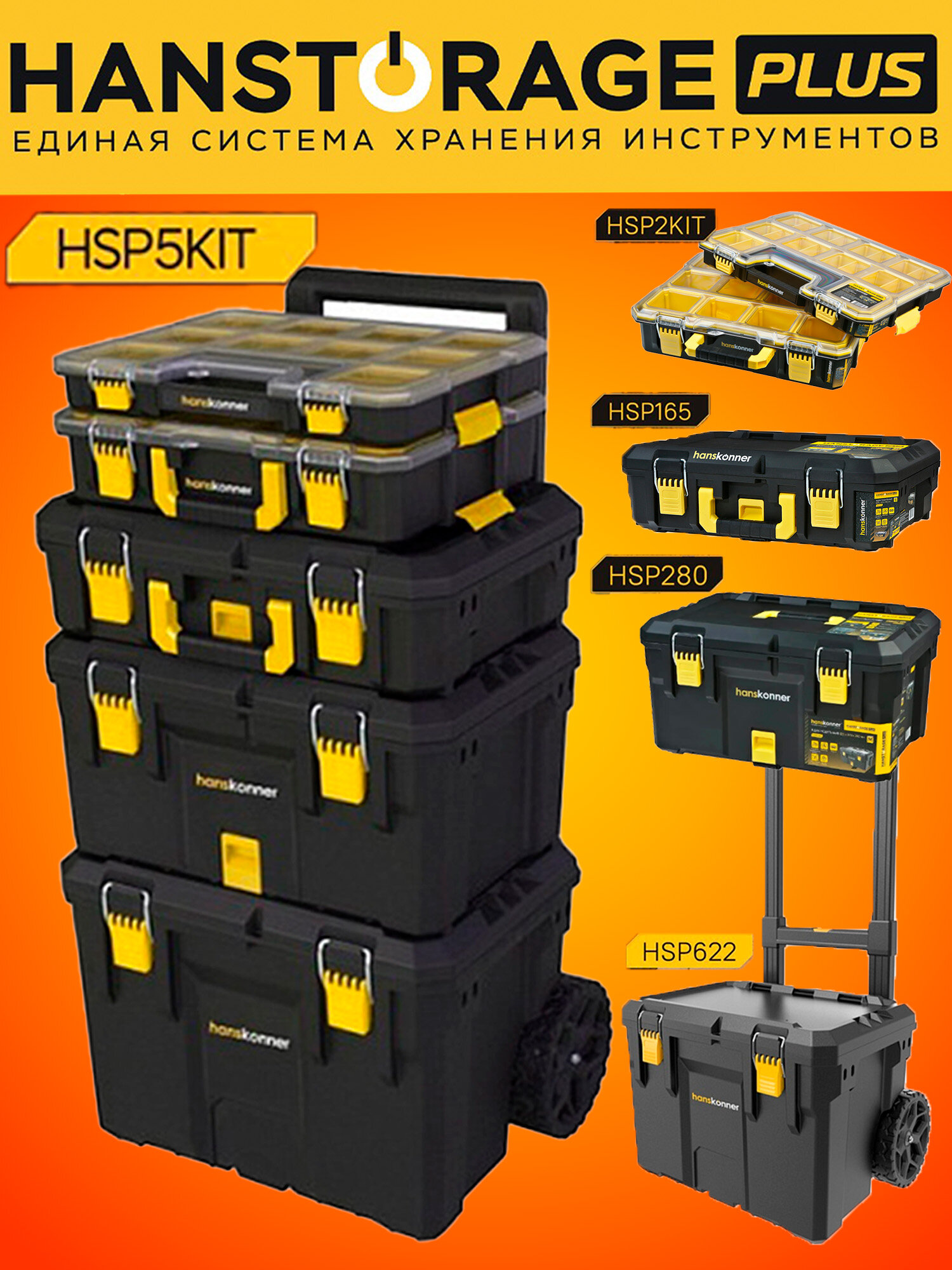 Система хранения Hanstorage PLUS (Hanskit5) HSP5KIT 5 ящиков: 2 прозрачных органайзера с лотками + 3 основных, включая крупный с телескопической ручкой и колёсами 8" (200 мм).