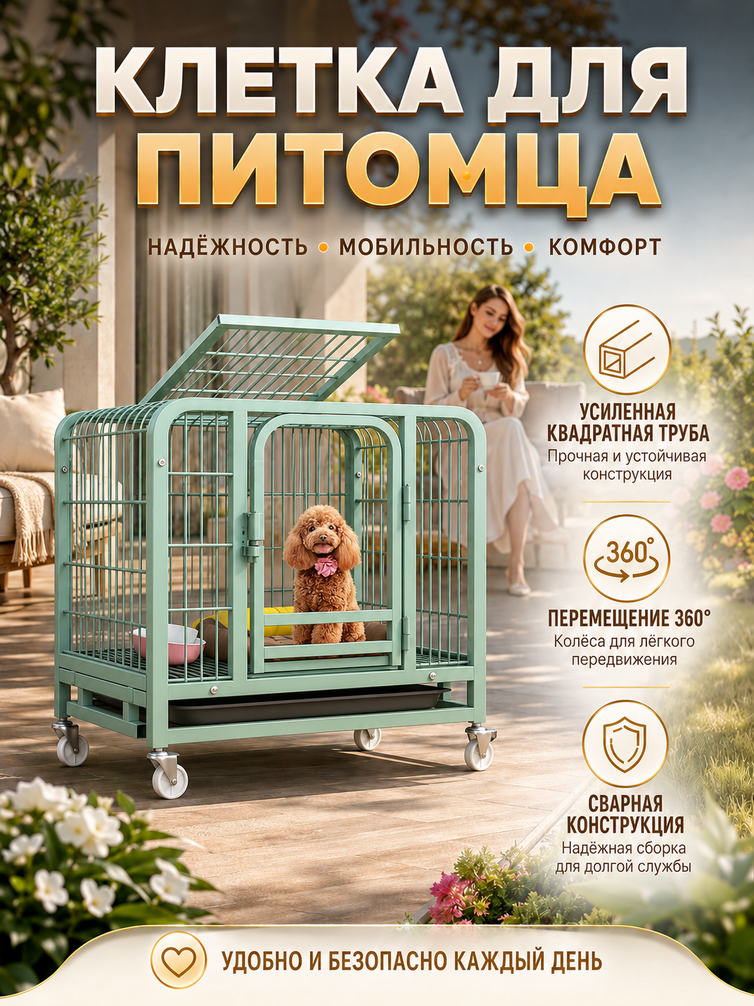 Клетка для питомца передвижная с поддоном для уборки, прочная сварная рама из профильной трубы для собак небольших размеров в квартире