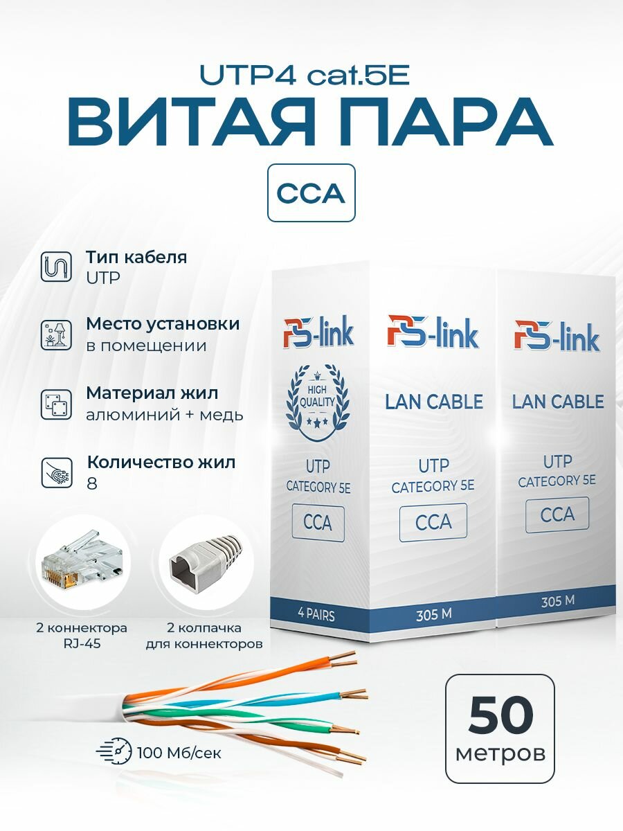Кабель патч-корд UTP4 cat.5E CCA 50 метров Ps-Link UTP-CCA50 с коннекторами