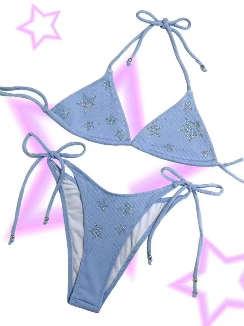 Бикини женское синее с цветочным принтом, XS