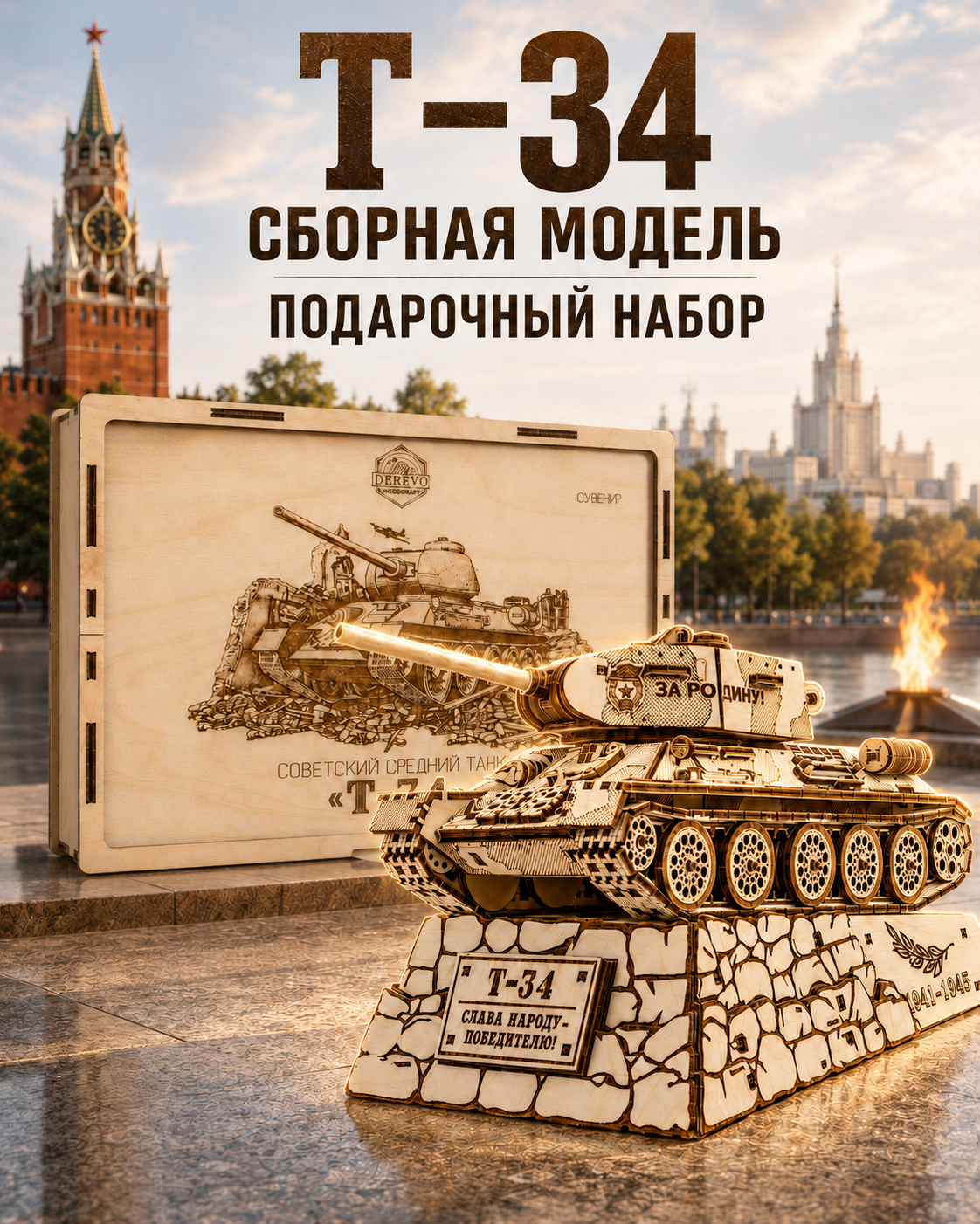 Сборная деревянная модель Танк Т34 в подарочной коробке