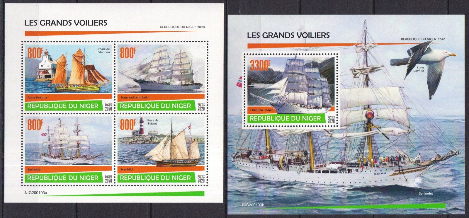 Марки 2020 год Нигер Высокие парусники Птицы Маяки #7156-7159+Bl1125 Mnh