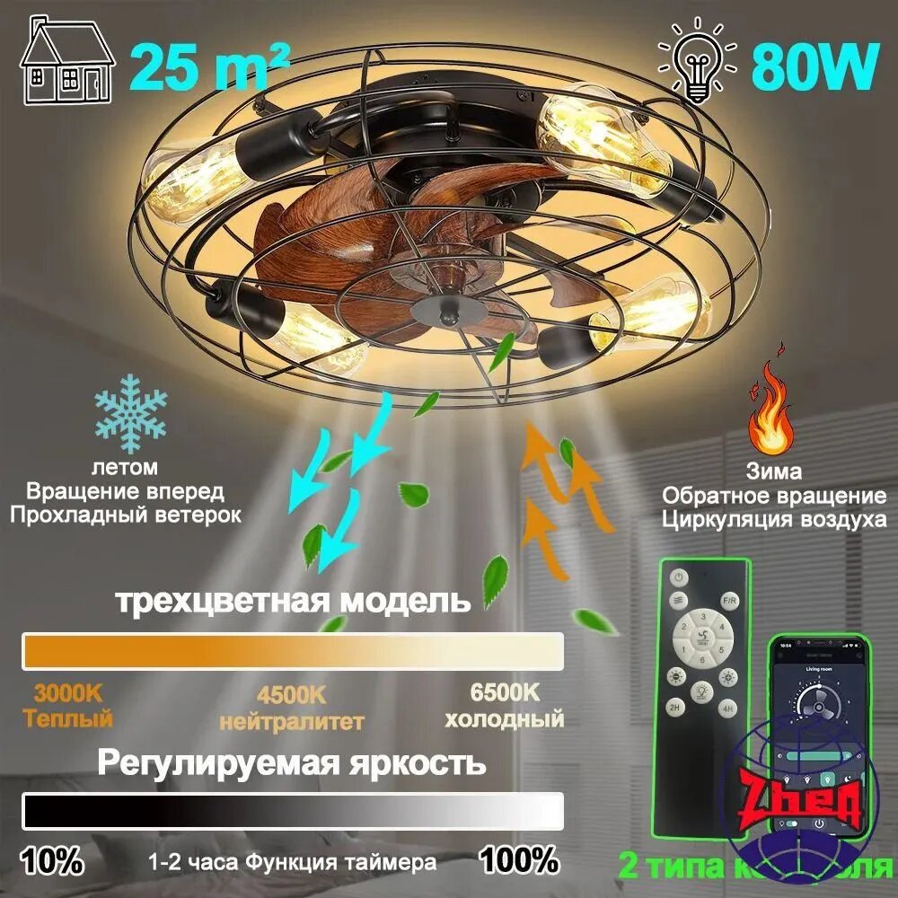 Люстра 80 Вт, 25 м², 4 лампы, 6 режимов, 3500 K, Диммирование, Дистанционное управление, Черно-серый