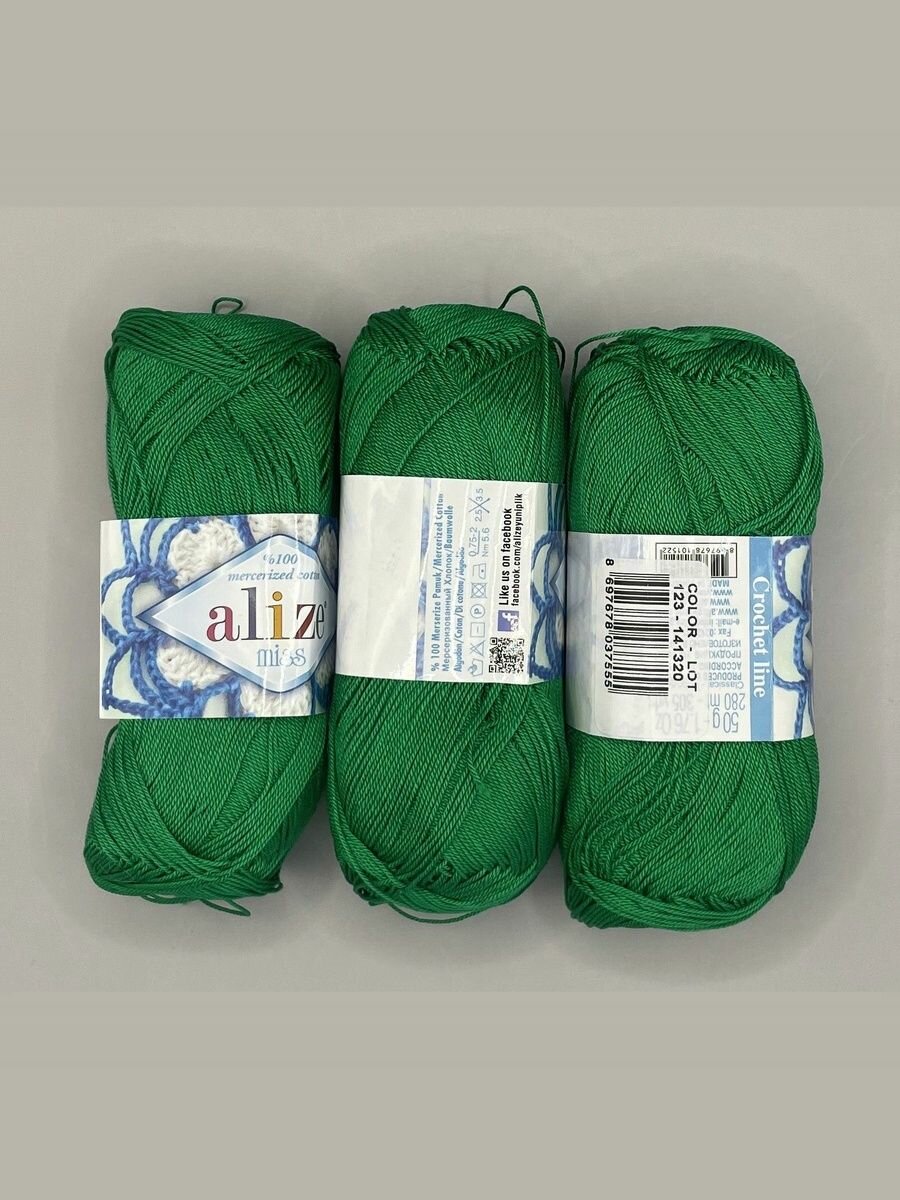 Три мотка пряжи Alize Miss, №123-зеленый, 50гр.-280м,100%-хлопок мерсеризированный, уп.-3 мотка