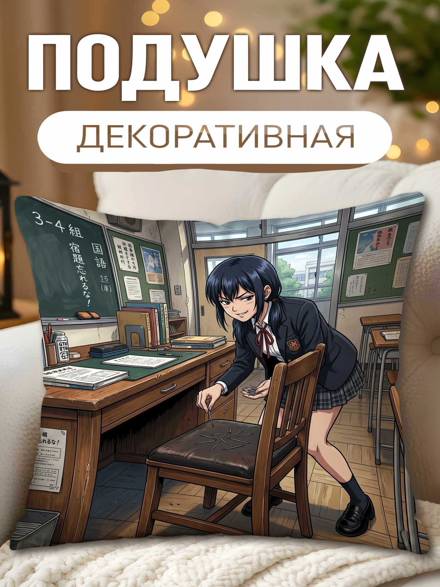 Подушка декоративная с принтом Крутой учитель Онидзука Мияби Айдзава, размеры 40 х 40 см, 1 шт.
