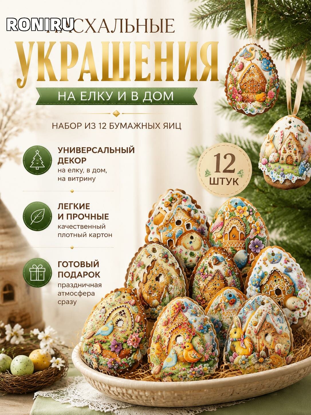 Пасхальные украшения на елку, набор 12 бумажных пасхальных яиц для украшения витрины, елки и дома подвесной декор