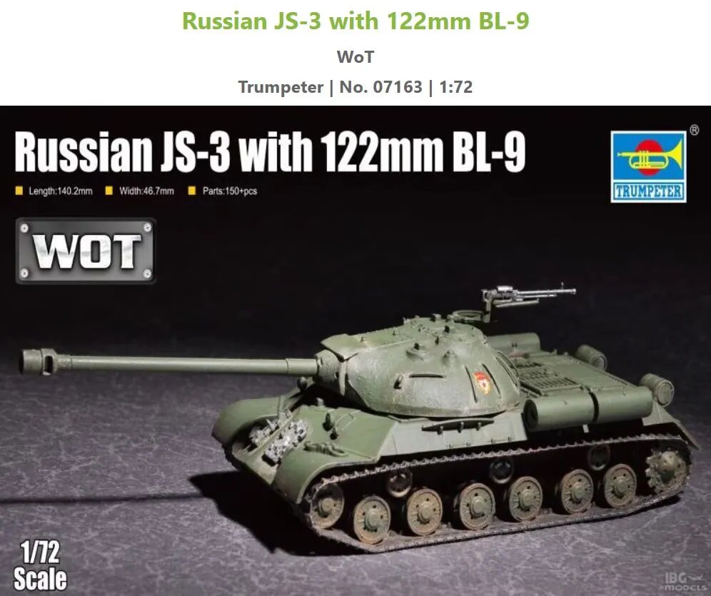 Trumpeter 07163 1/72 Российский JS-3 с 122mm BL-9 Пластиковая модель танка.