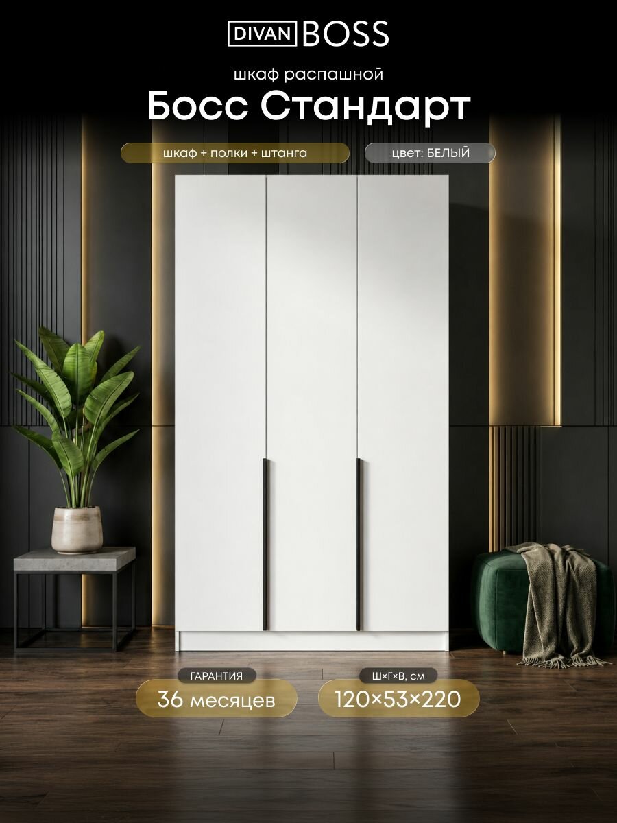 Шкаф распашной, Босс Стандарт, 120х53х220 см, 3х дверный, белый