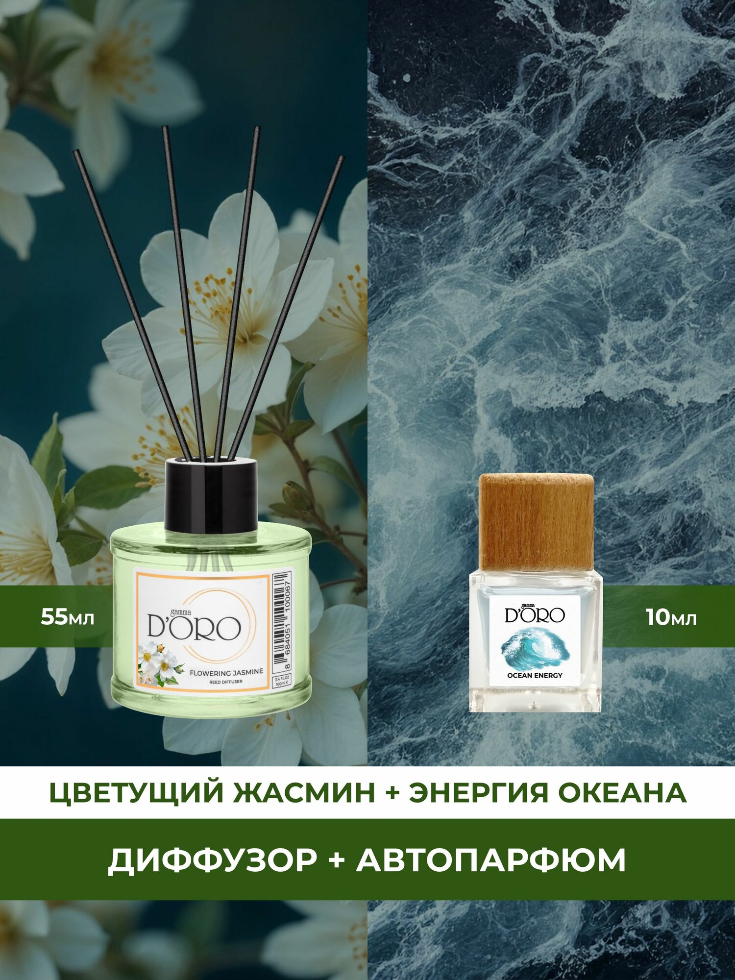 GAMMA D'ORO Подарочный набор диффузор ароматический для дома с палочками Цветущий жасмин и ароматизатор для автомобиля Энергия океана, 55 мл и 10 мл