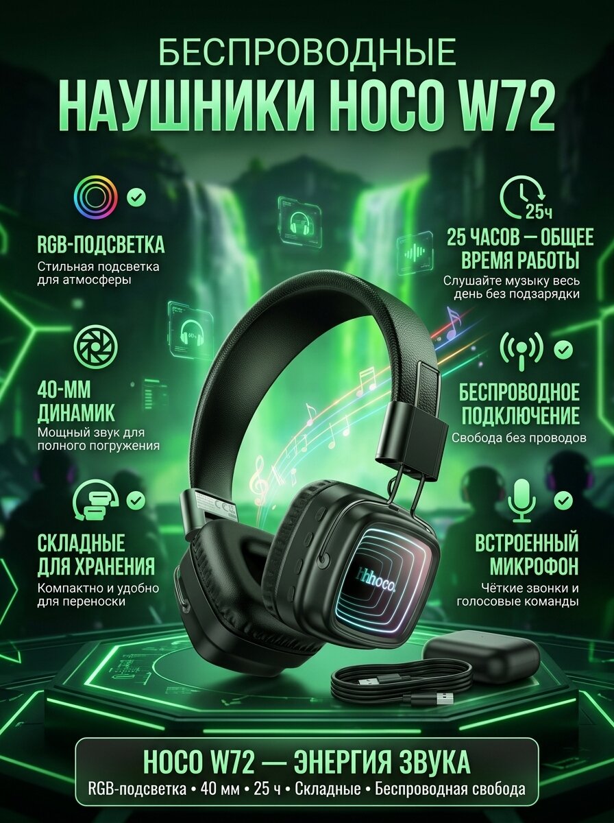 Hoco Наушники беспроводные полноразмерные большие W72 черные