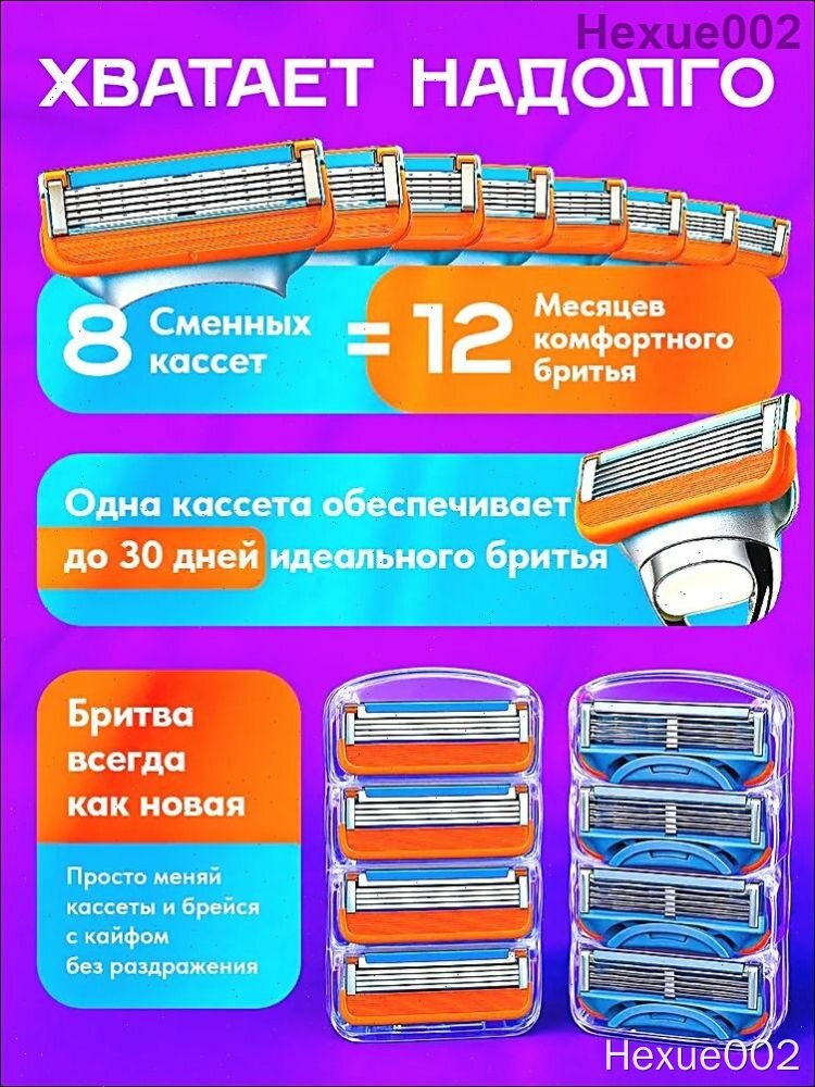 Кассеты для бритья мужские 5 лезвий с дополнительным триммером, 8 штук.