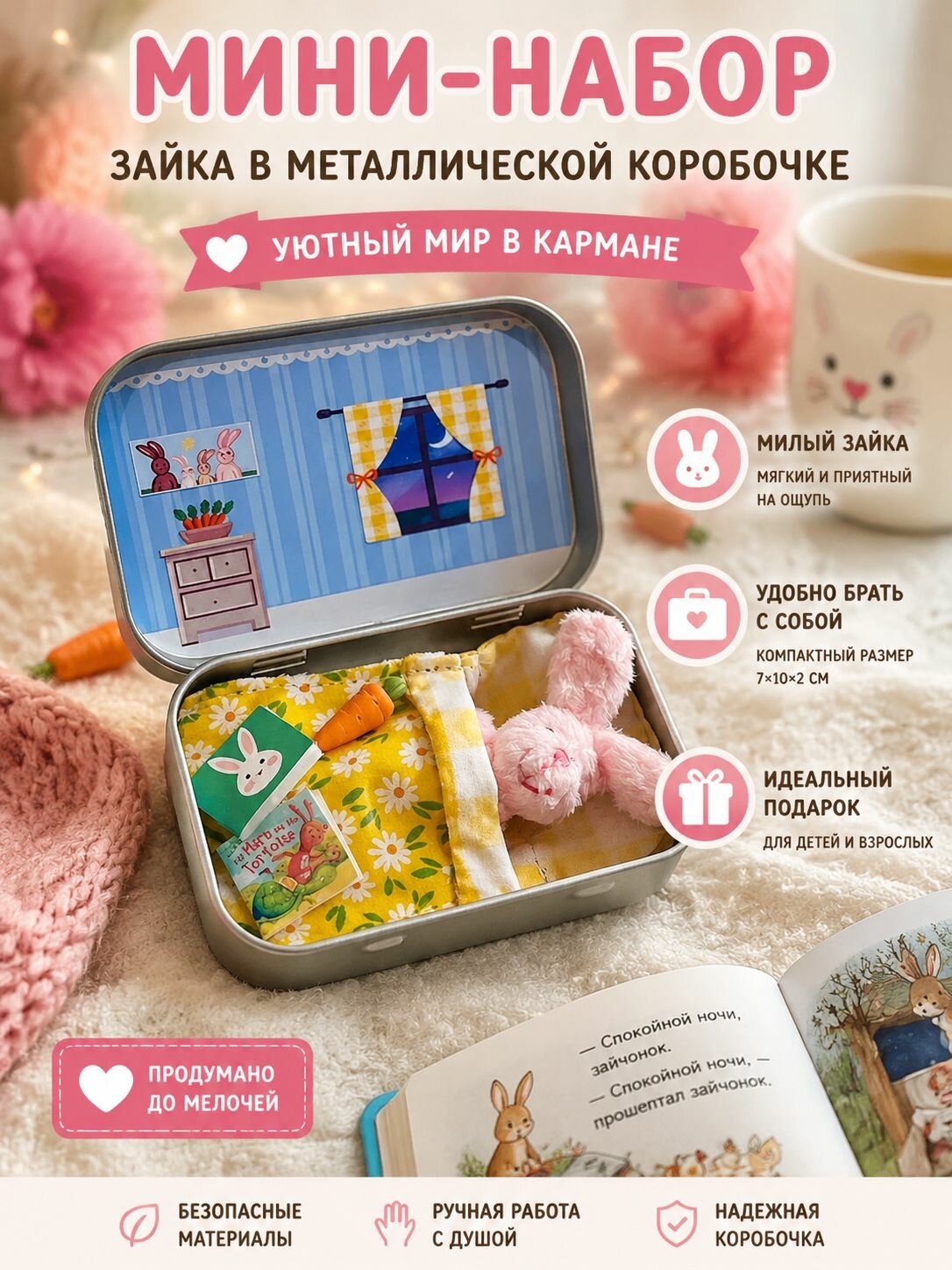 Плюшевый миниатюрный кролик в жестяной коробке, розовый, текстильная игрушка для девочек и мальчиков