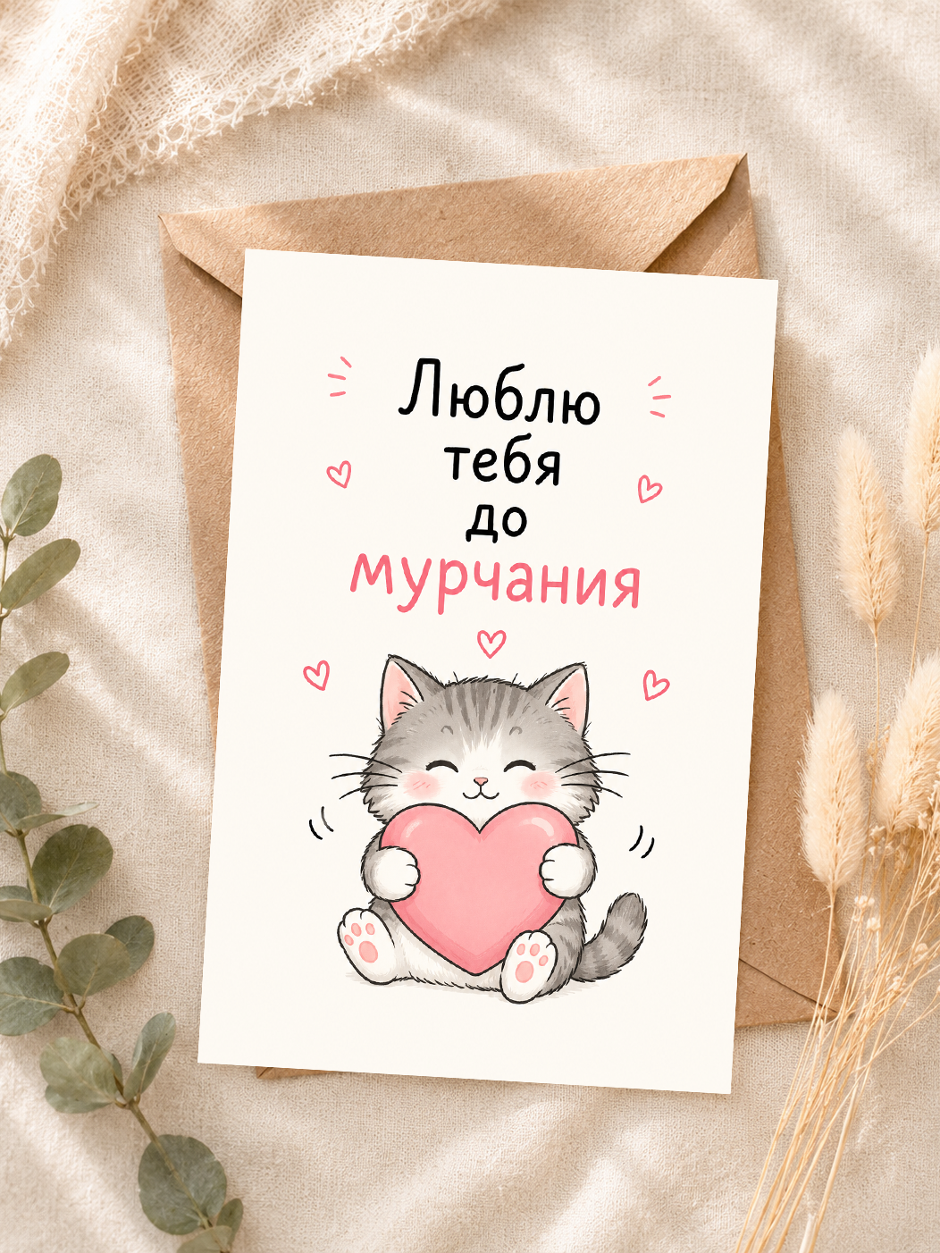 Открытка «Люблю тебя до мурчания» с котиком, A6 10×15 см с крафт-конвертом
