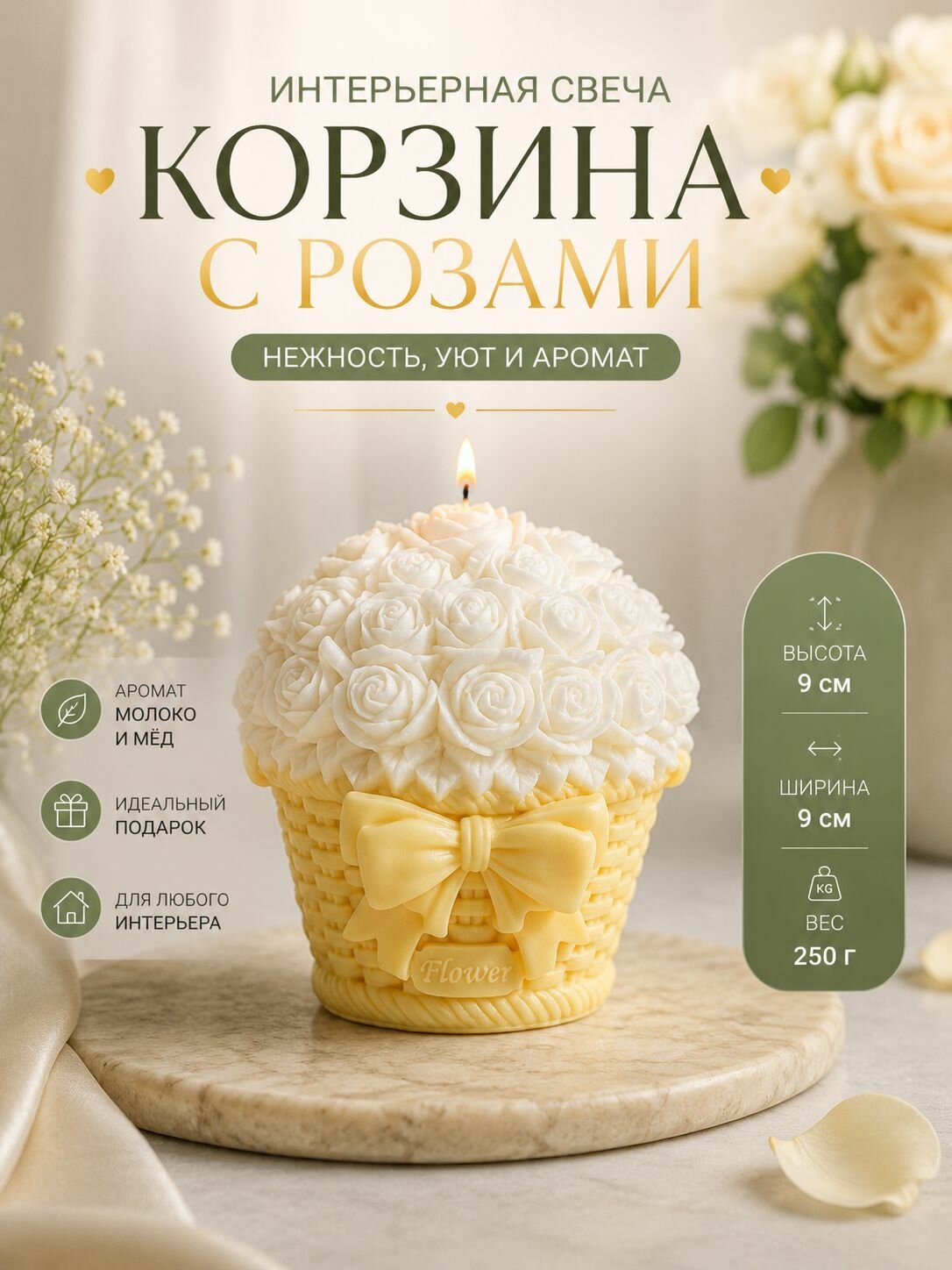Ароматическая свеча интерьерная Корзина с розами , белый; светло-желтый, Молоко и мёд, 9х9 см, декоративная свеча