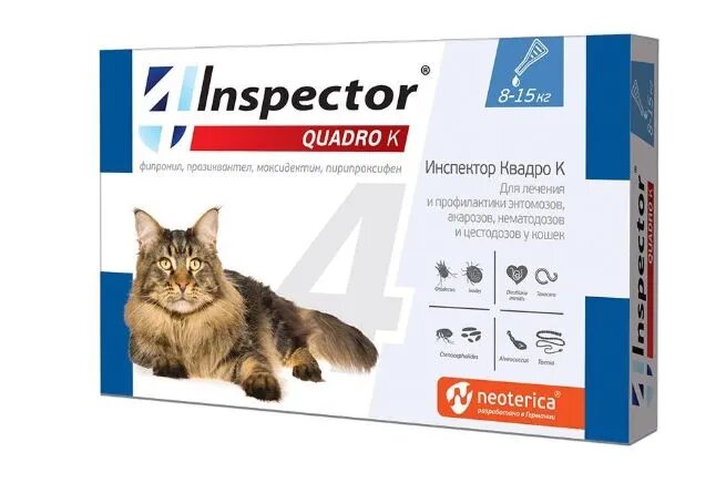 Капли для кошек Inspector Quadro С от 8 до 15 кг против внешних и внутренних паразитов, 1 пипетка — фото 1