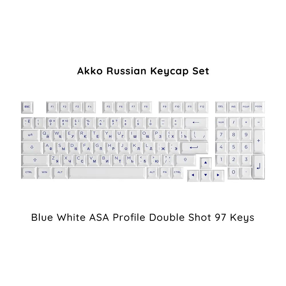 Набор колпачков для клавиш Akko Russian, сине-белые, PBT, двойное литье, 97 штук