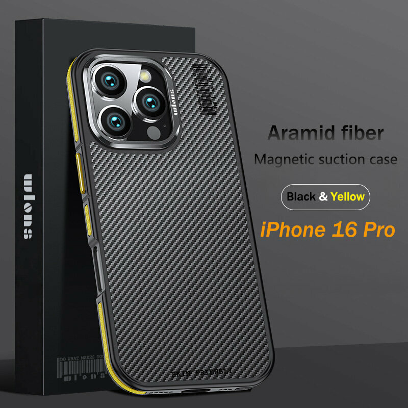 Чехол для Apple iPhone 16 Pro, кевлар-арамидное волокно, магнитная беспроводная зарядка, ударопоглощающий противоударный