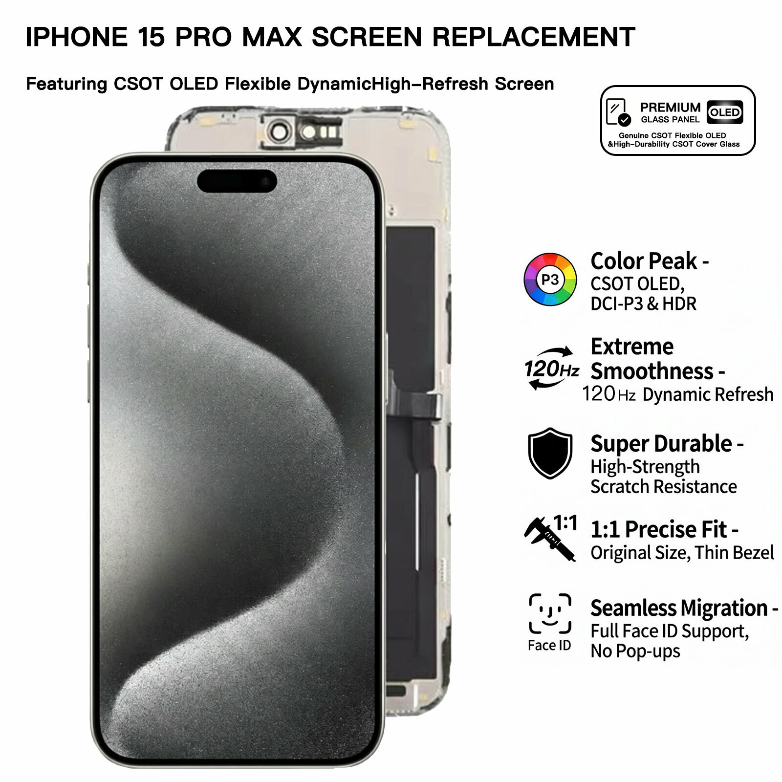 Гибкий OLED-экран-замена для iPhone 15 Promax: 120 Гц, рамки 0.9 мм, высший китайский класс