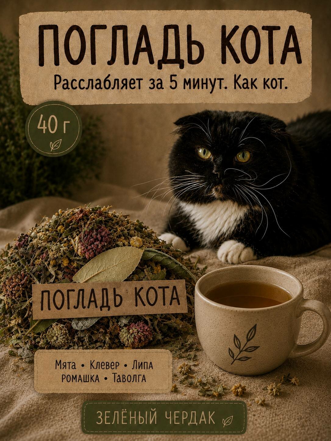 Травяной чай Зеленый Чердак "Погладь Кота", листовой, без ГМО, 40 г