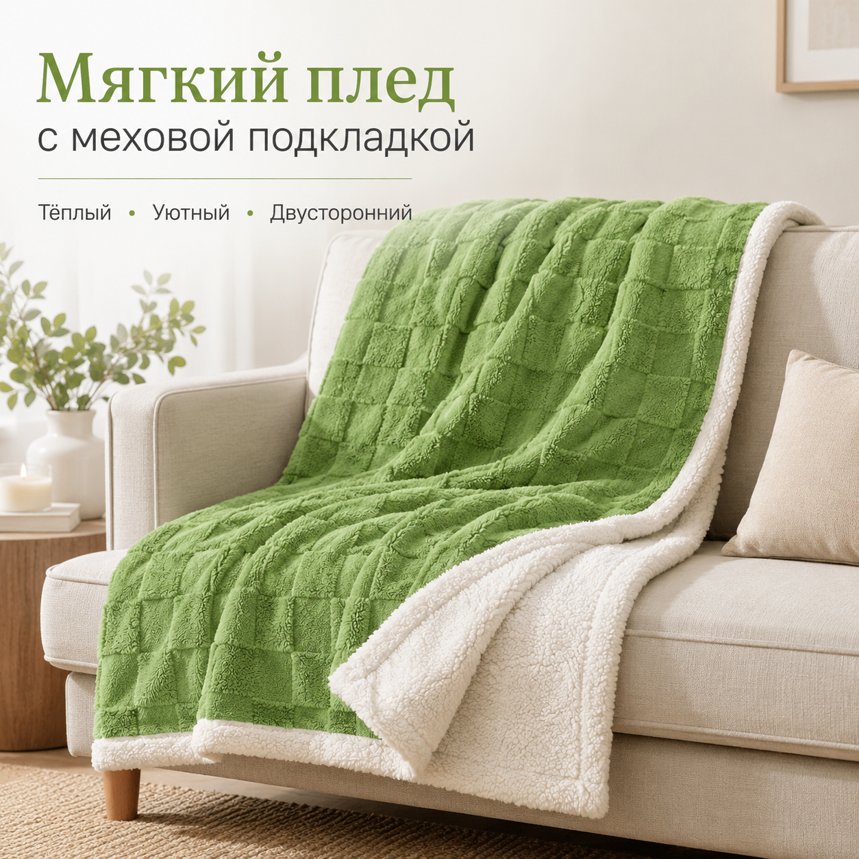 Флисовое одеяло, 150x200см, Банное махровое полотенце зелёно‑белое,