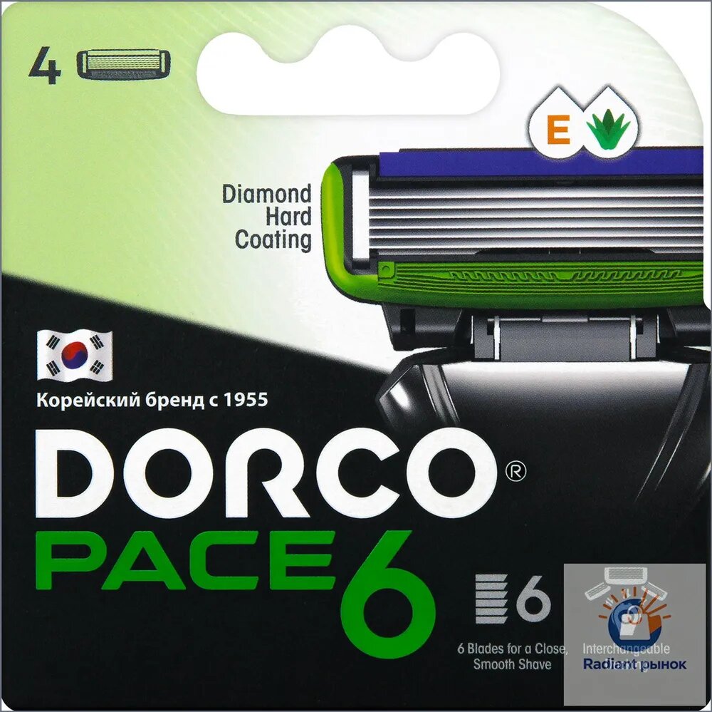 Dorco PACE6 сменные кассеты для бритвы, 6 лезвий, увлажняющая полоса алоэ и витамин E, совместимо с бритвами PACE, 4 штуки