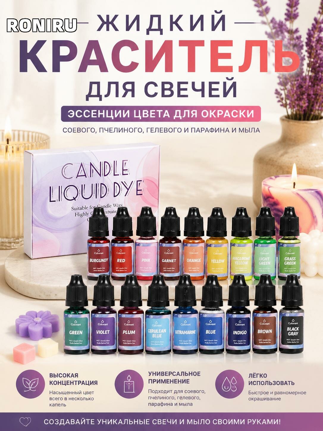 Жидкий краситель для свечей эссенции цвета для окраски соевого, пчелиного, гелевого и парафина и мыла, синий 10 мл 1 шт.