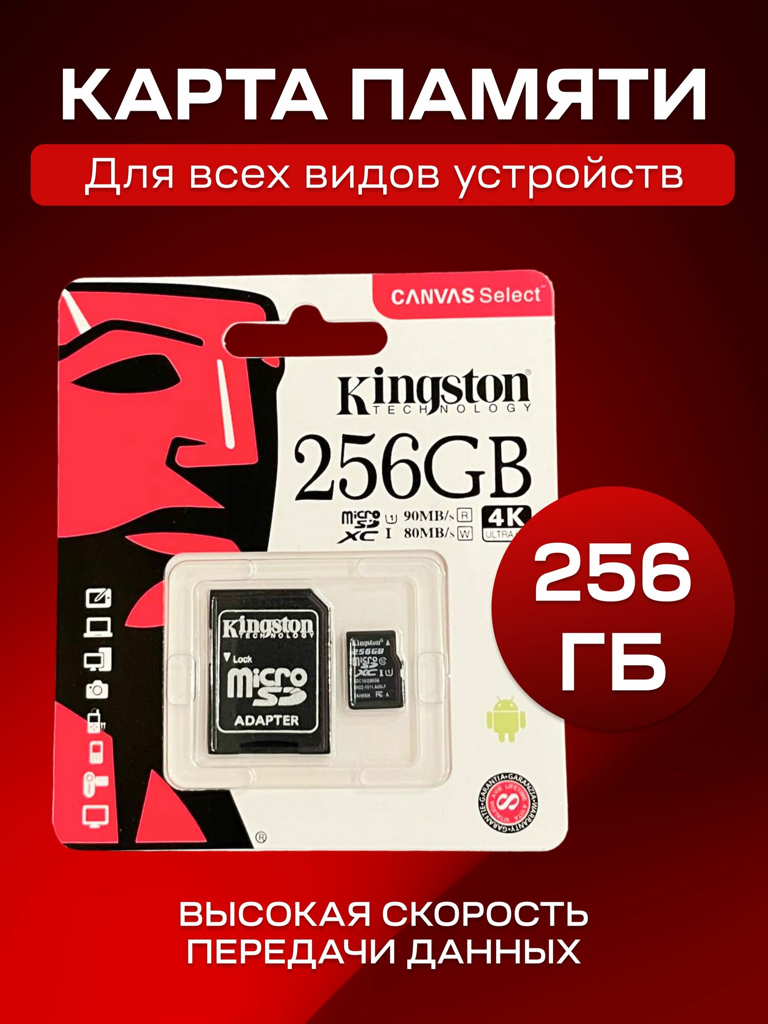 Карта памяти Canvas Select Plus 256 gb microSD, сд карта 256, microSDHC 256 ГБ, Тайвань