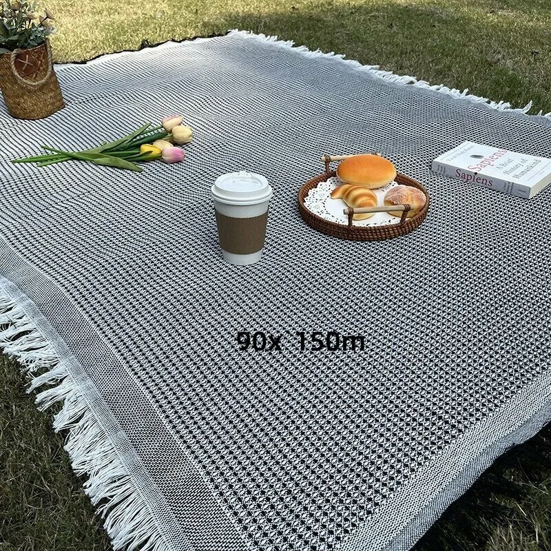 Черный пикник коврик 90x150 см с бахромой