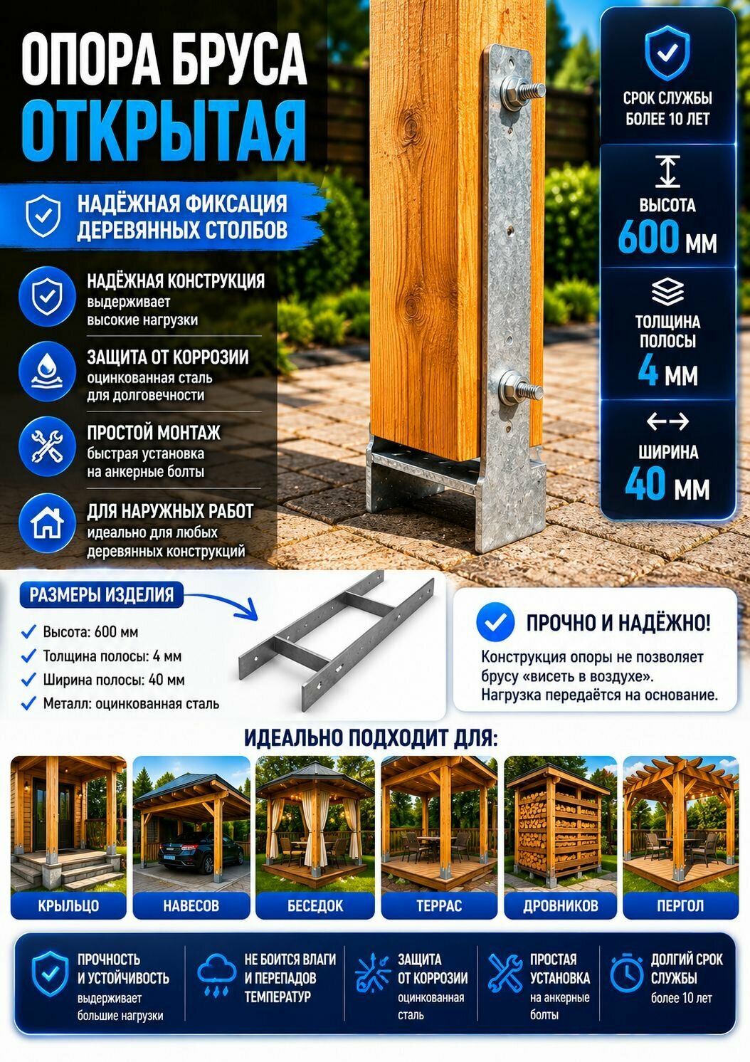 Крепление бруса 100х100 в бетон, высота 6000